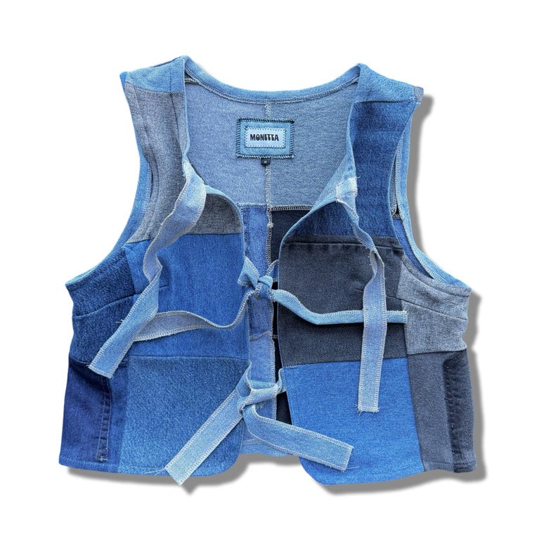 Patchwork Denim Vest – Reworked Upcycled Tie Front Jean Vest – Cropped ...