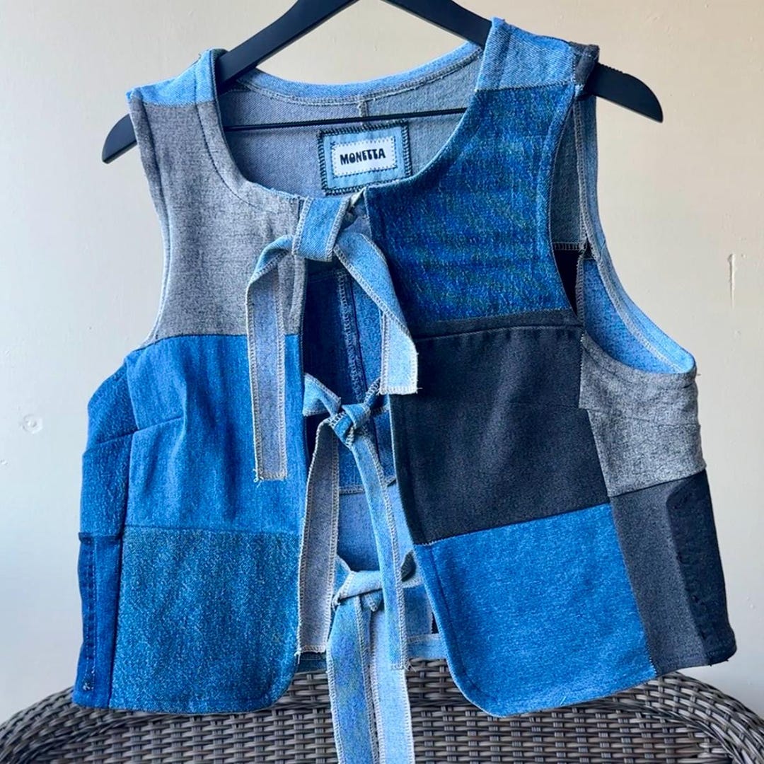 Patchwork Denim Vest – Reworked Upcycled Tie Front Jean Vest – Cropped ...