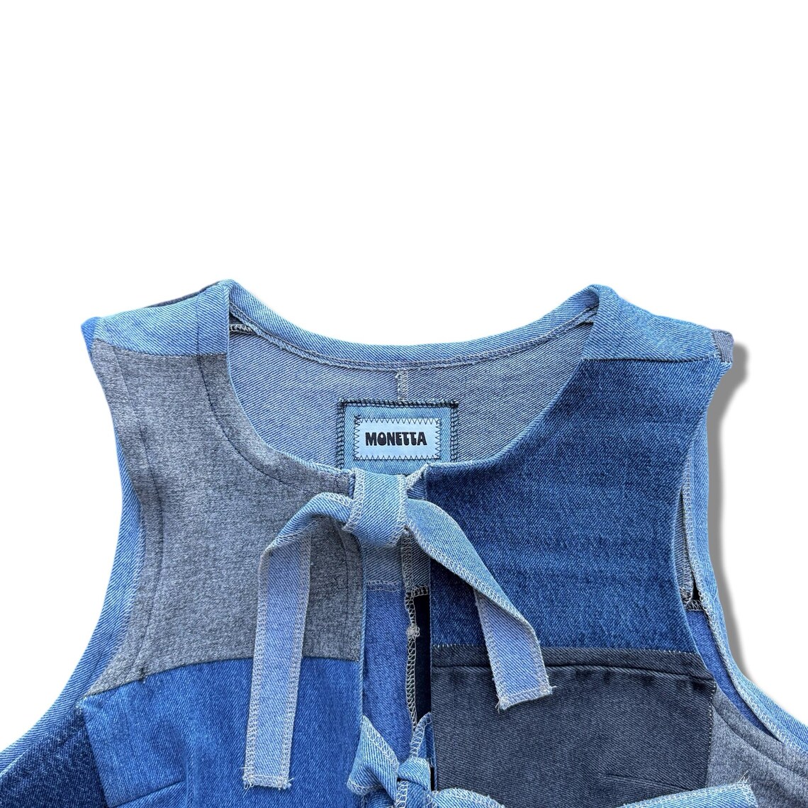 Patchwork Denim Vest – Reworked Upcycled Tie Front Jean Vest – Cropped ...