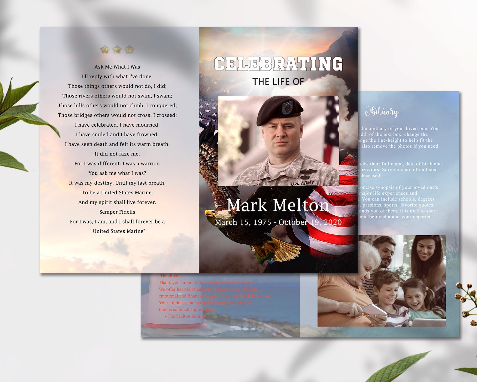 Military Obituary Program, Funeral Card Military, American Marine ...