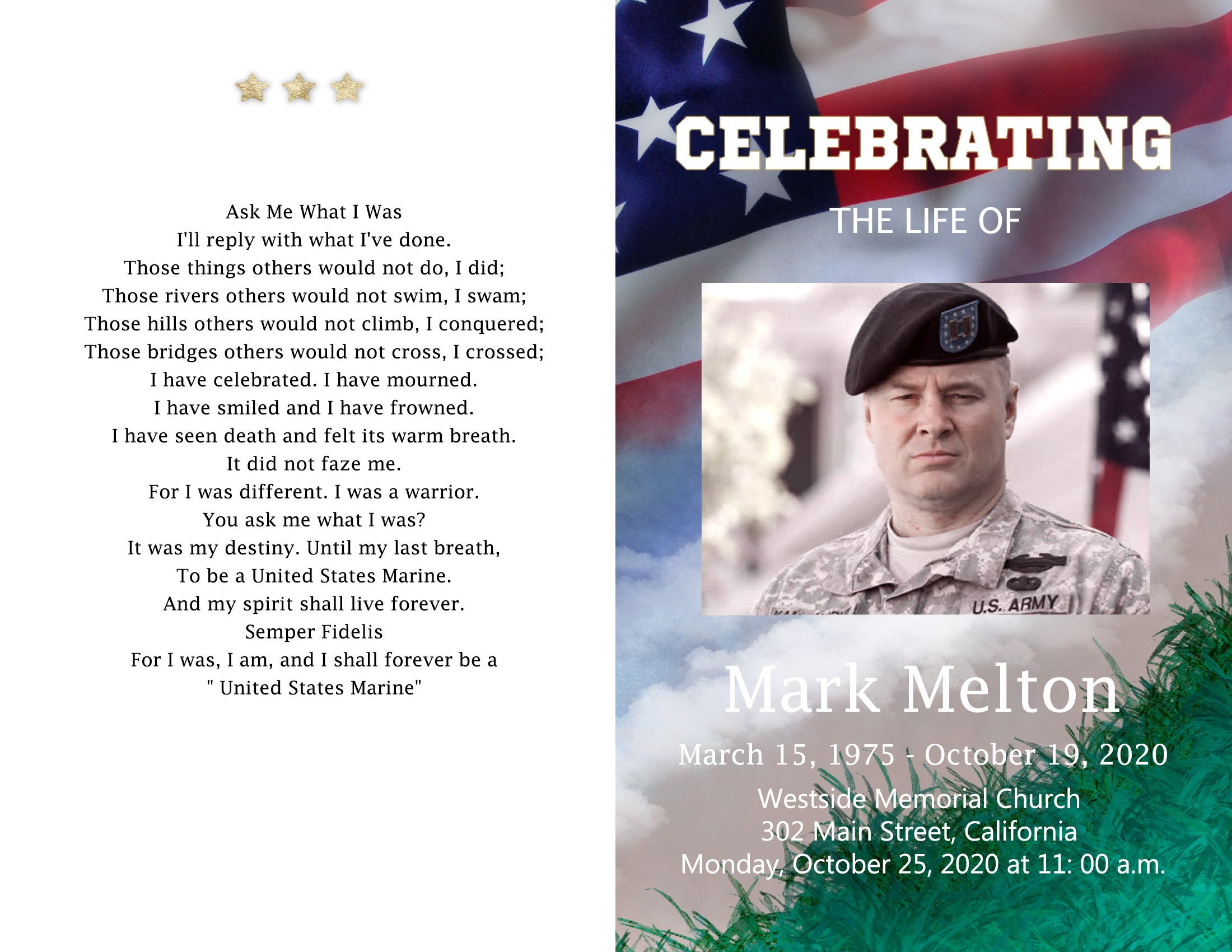 Military Obituary Program Funeral Card Military American Etsy