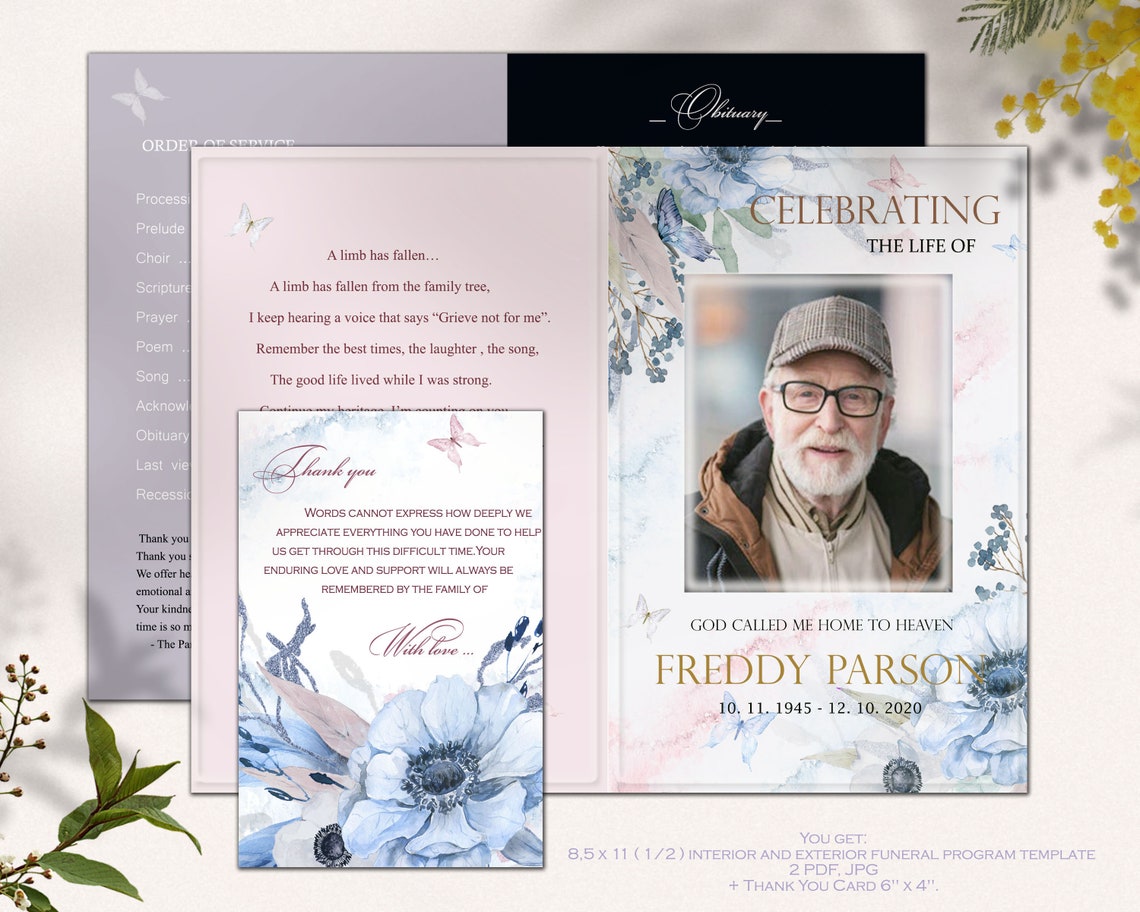 Funeral Program Template for Men, Blue Flowers Funeral Program, in ...