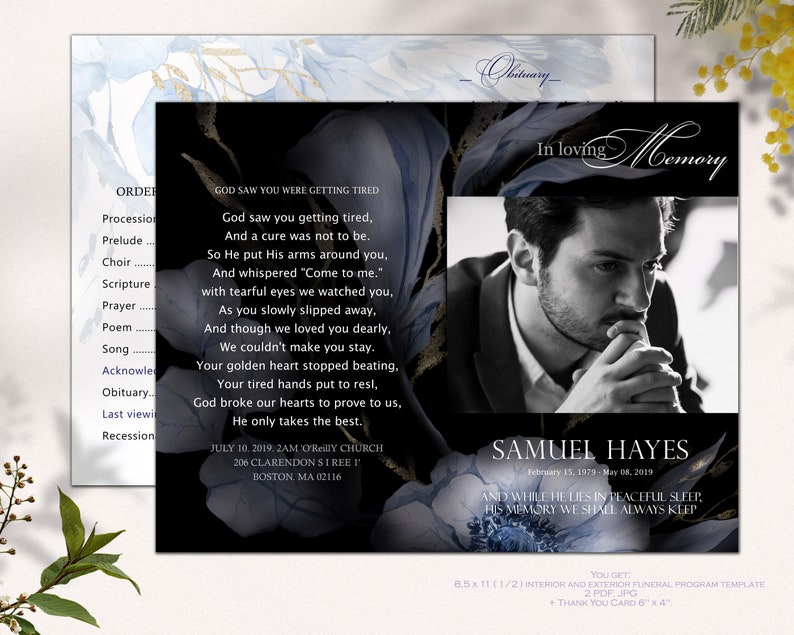 Classic Funeral program template with blue flowers for men | Etsy