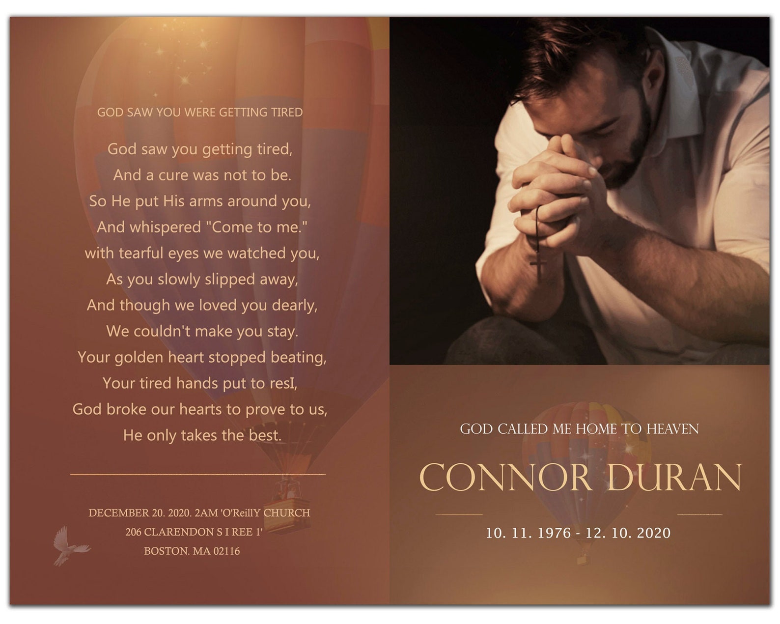 Bronze Funeral program template for young man Dove sympathy | Etsy