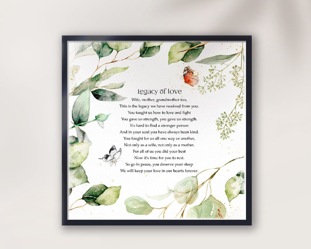 Funeral Poem Legacy of Love, Poem About Wife and Mother, Loss of Mom ...