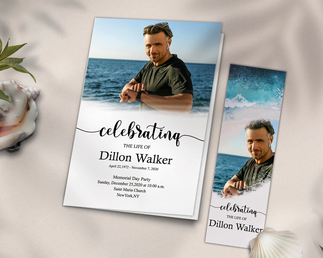 Sea, Ocean Funeral Program Template for Men, Funeral Bookmark, Editable ...