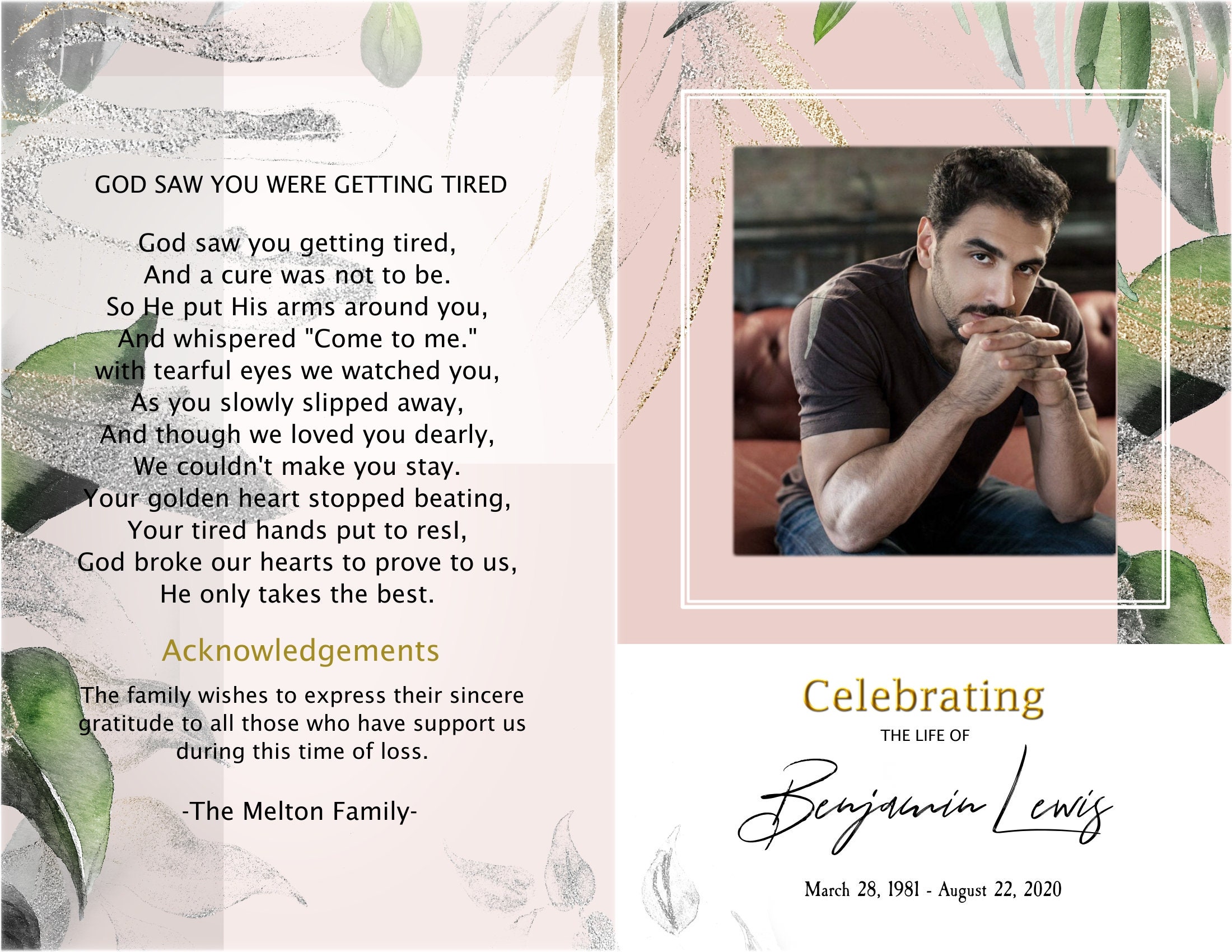 Modern funeral program for man Gold celebration life program | Etsy