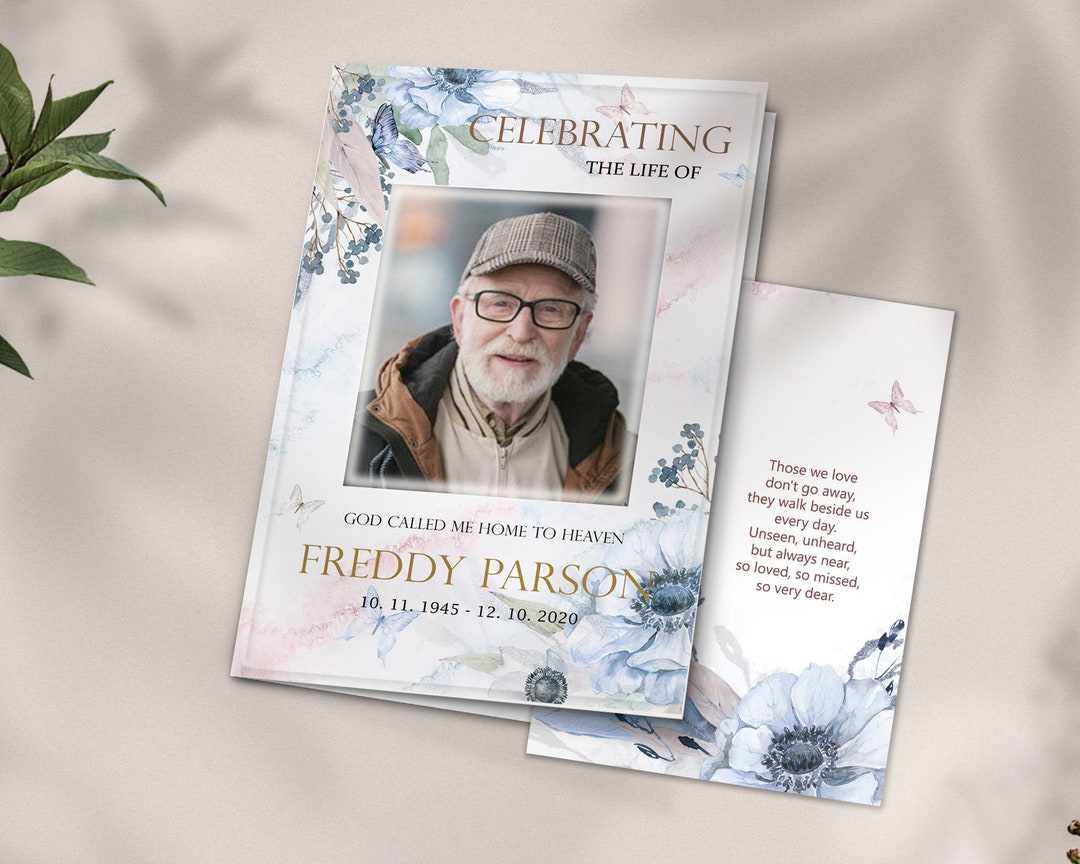 Funeral Program Template for Men, Blue Flowers Funeral Program, in ...