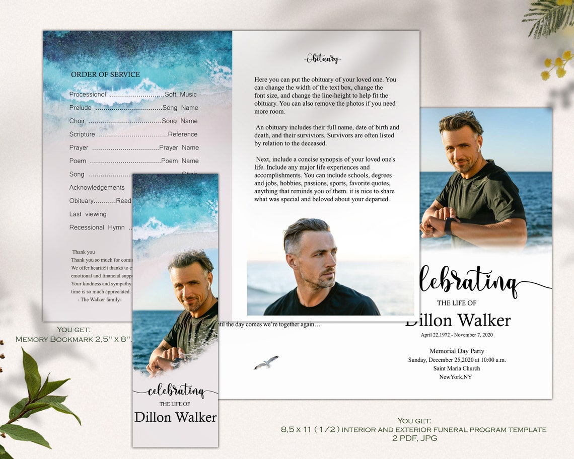 Sea, Ocean Funeral Program Template for Men, Funeral Bookmark, Editable ...