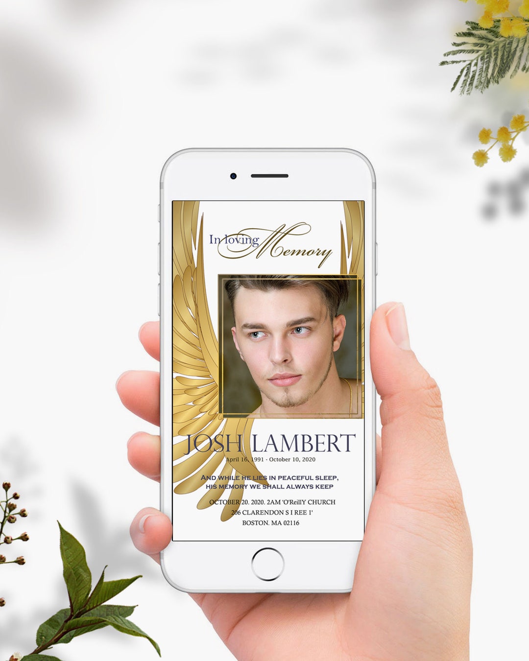 Digital Funeral Invitation for Young Man, Golden Memorial Evite ...