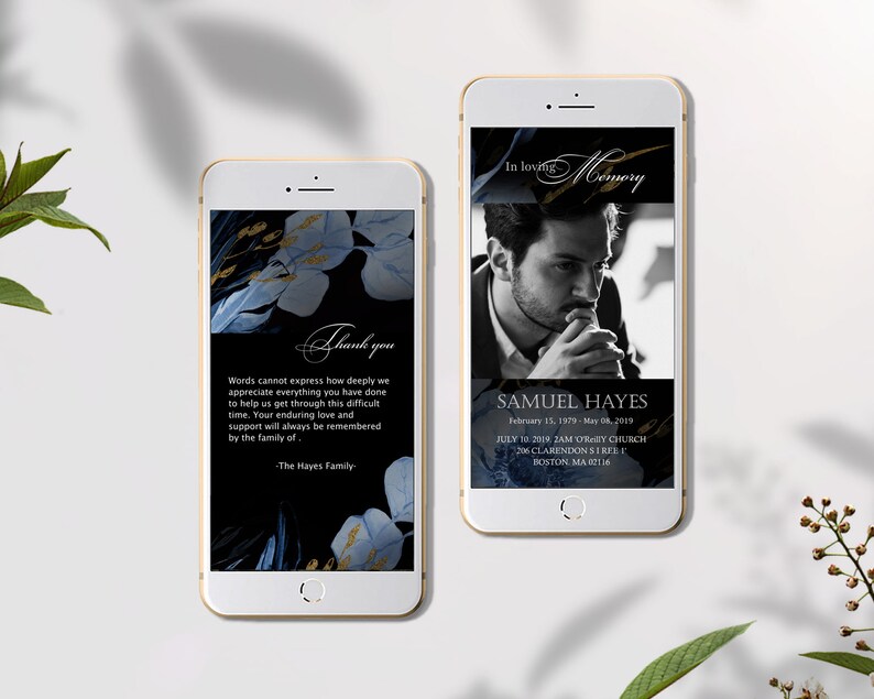 Digital Death Announcement With Blue Flowers, Men Digital Invitation ...