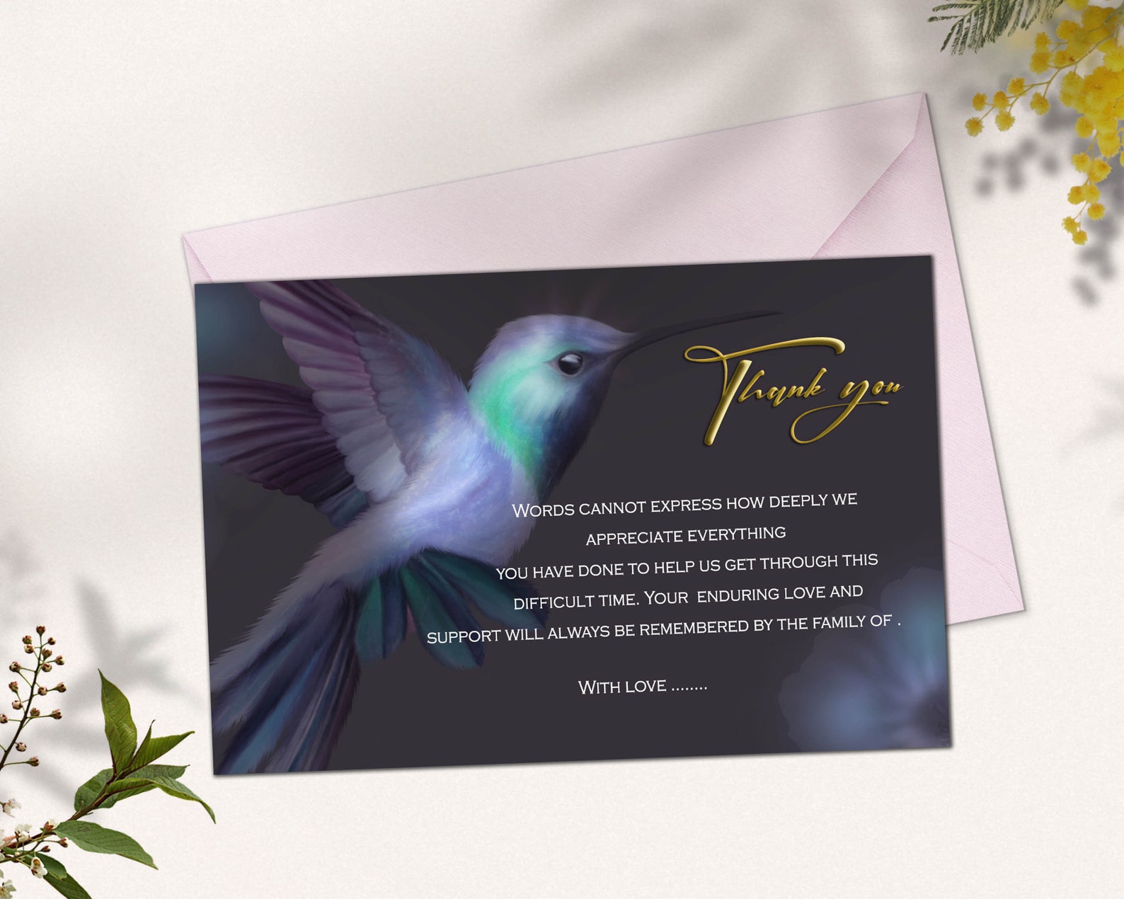 Hummingbird Funeral Thank You Card, Classic Thank You Sympathy Memorial ...