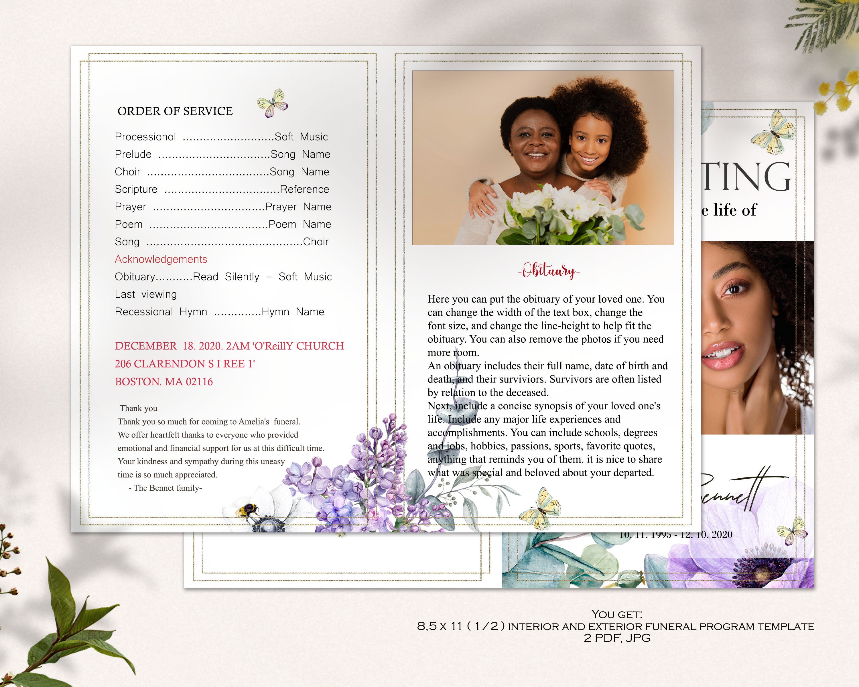 Purple Flowers Funeral Template Lilac Flowers Funeral Program - Etsy