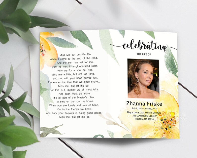Yellow Flowers Roses Funeral Template for Woman, Celebration of Life ...