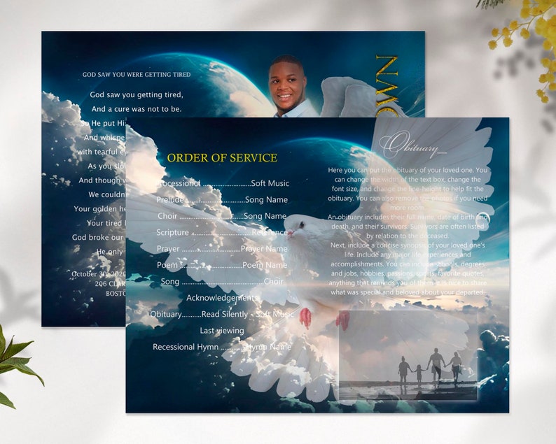 Funeral Program Sky, Clouds, Wings | Editable Funeral Program ...