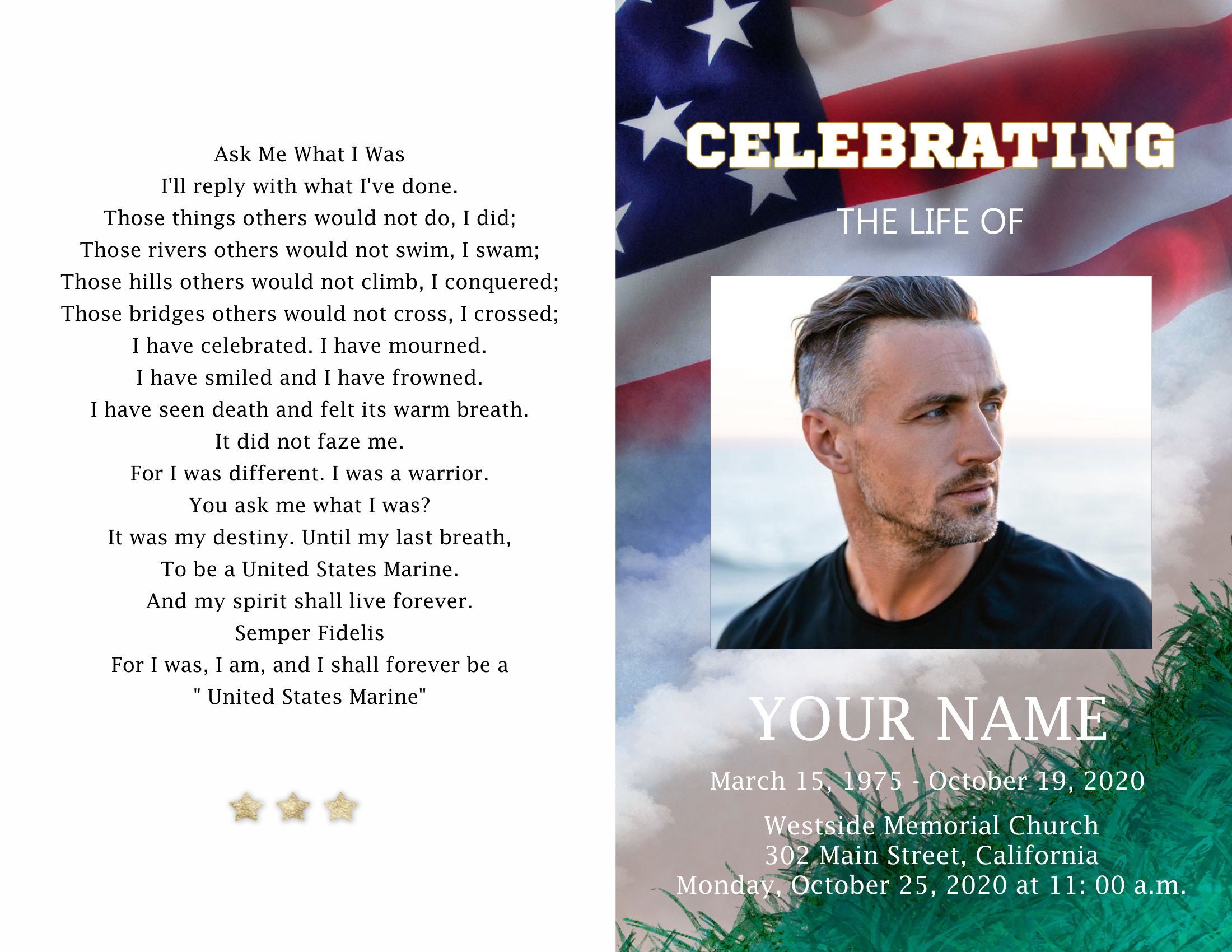 Military Obituary Program, Funeral Card Military, American Marine ...