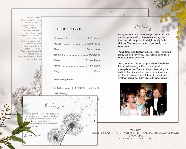 Dandelion Funeral Program Template Beautiful Dandelion - Etsy