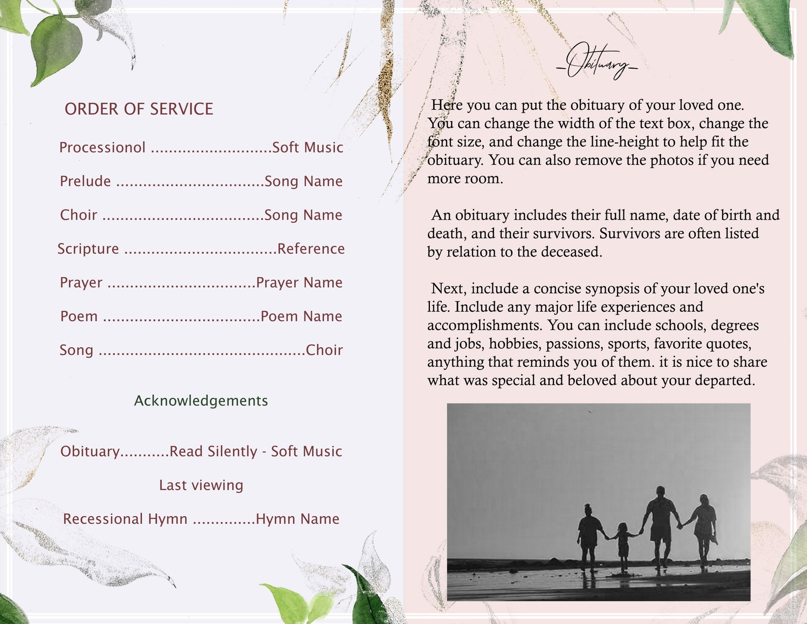 Modern Funeral Program for Man, Gold Celebration Life Program, Green ...