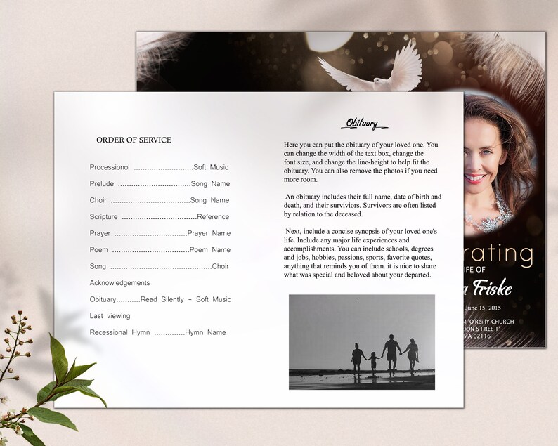 Golden Funeral Program Template White Gold Dove Funeral | Etsy