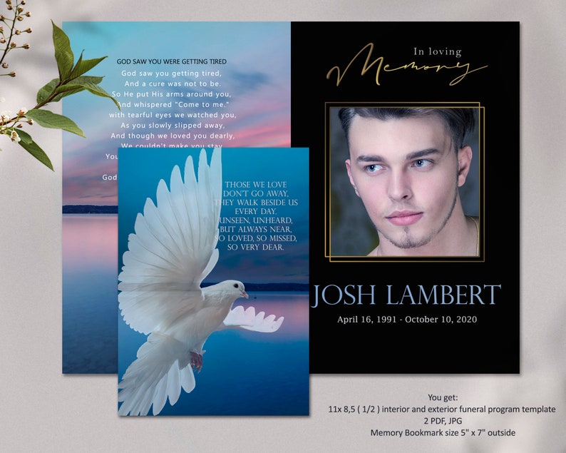 Navy Blue Sky Funeral Program Template Bronze Sunset Editable - Etsy