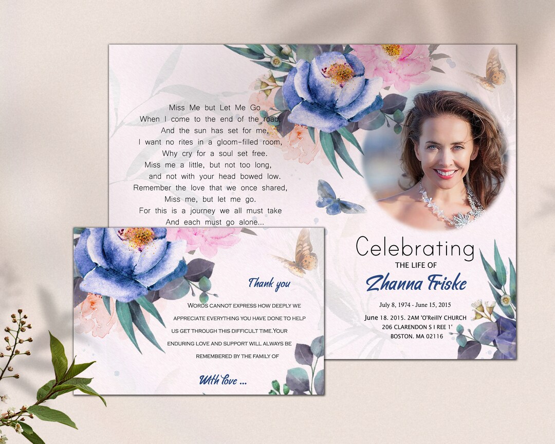 Pink and Blue Flowers Funeral Invitation Template, Death Announcement ...