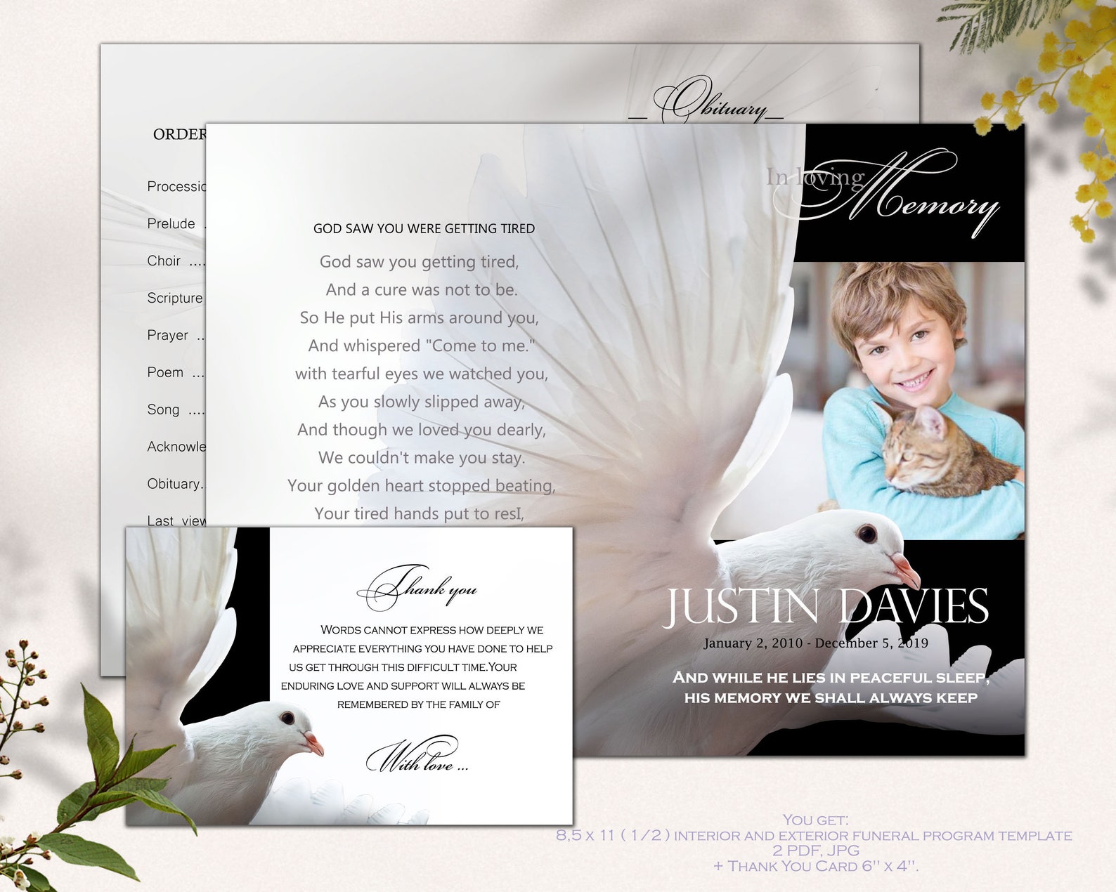 Wings Funeral Program for Teen, Dove, Program Obituary for Teenager ...