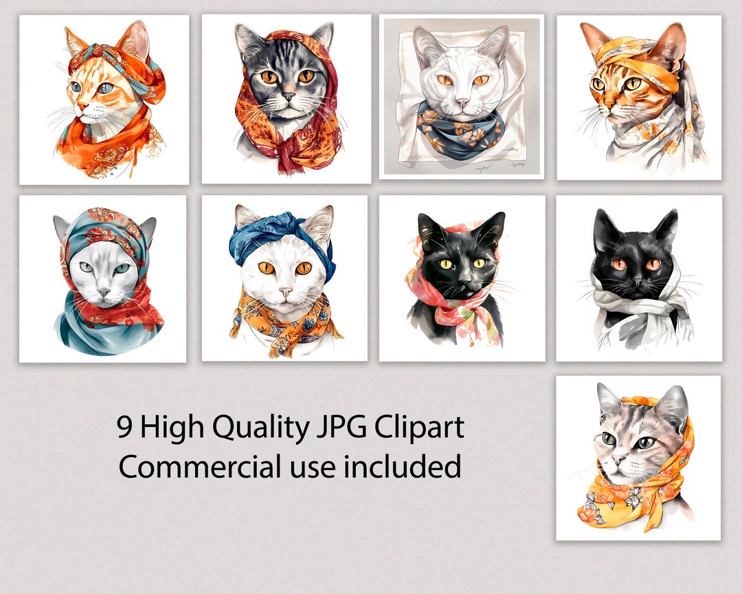 Cats in Silk Scarves, Cats in a Scarf on Head, Neck Clipart 9 High ...