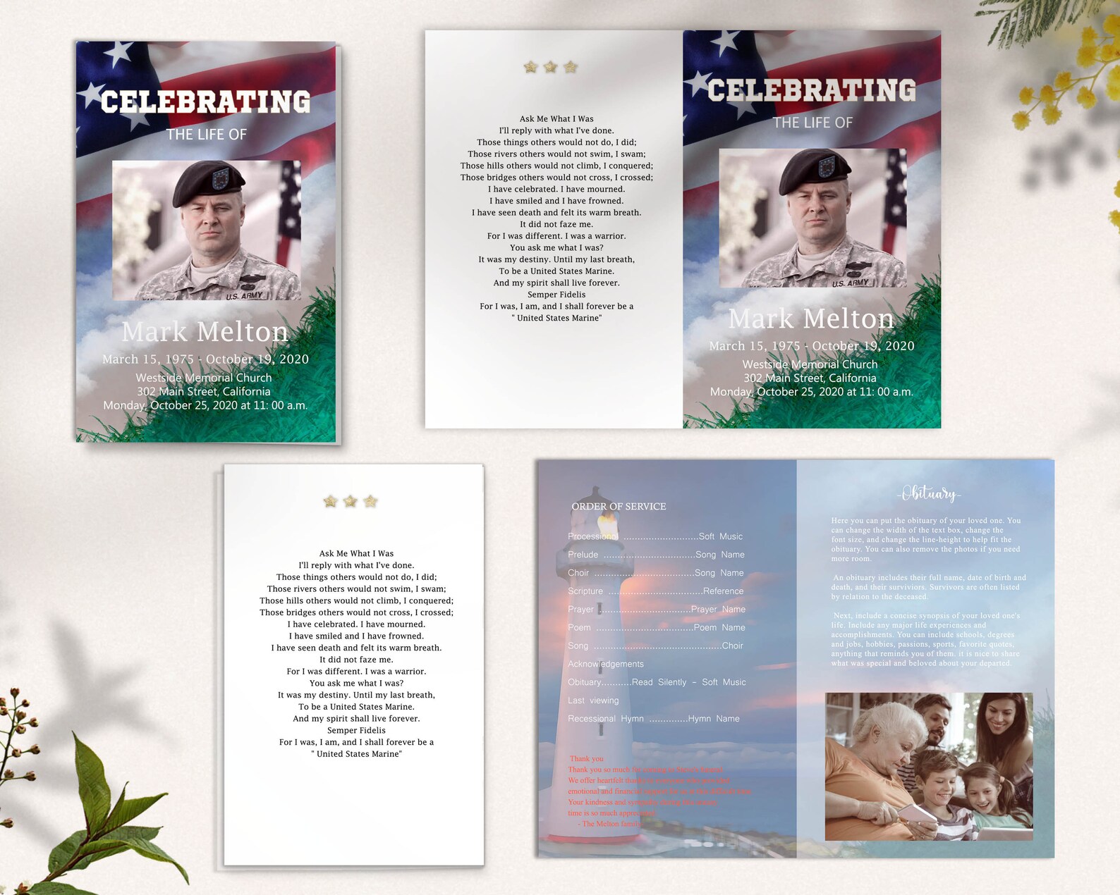 Military Obituary Program, Funeral Card Military, American Marine ...