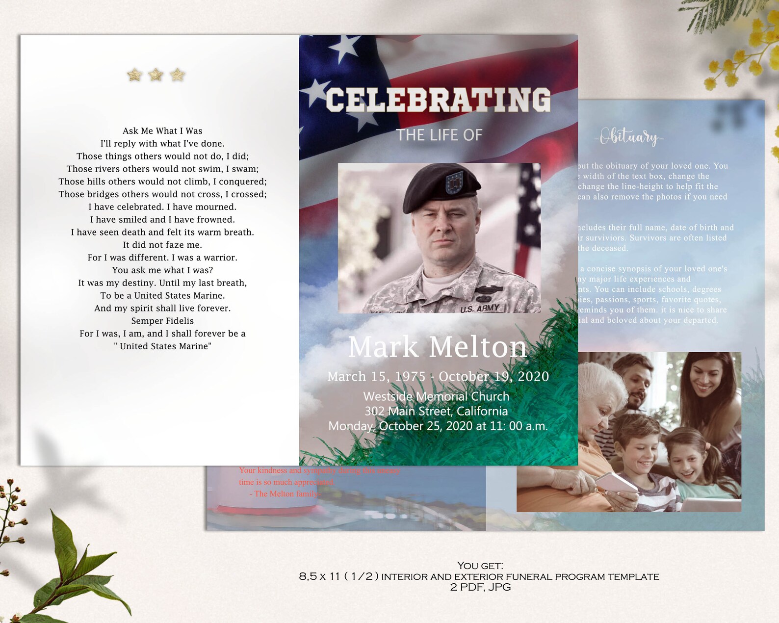 Military Obituary Program, Funeral Card Military, American Marine ...