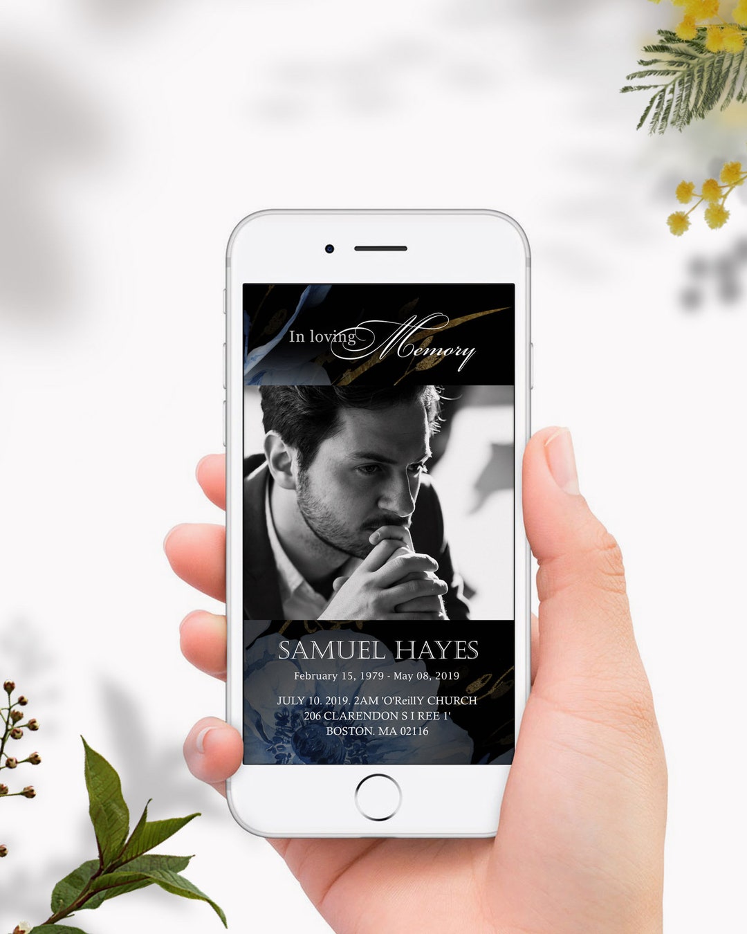 Digital Death Announcement With Blue Flowers, Men Digital Invitation ...