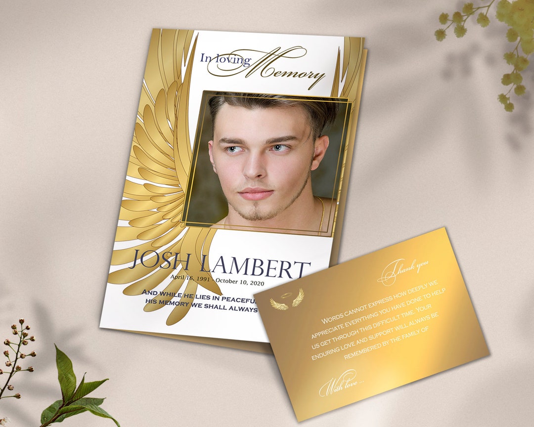 In Loving Memory Funeral Program, Golden Funeral Program for Young Man ...