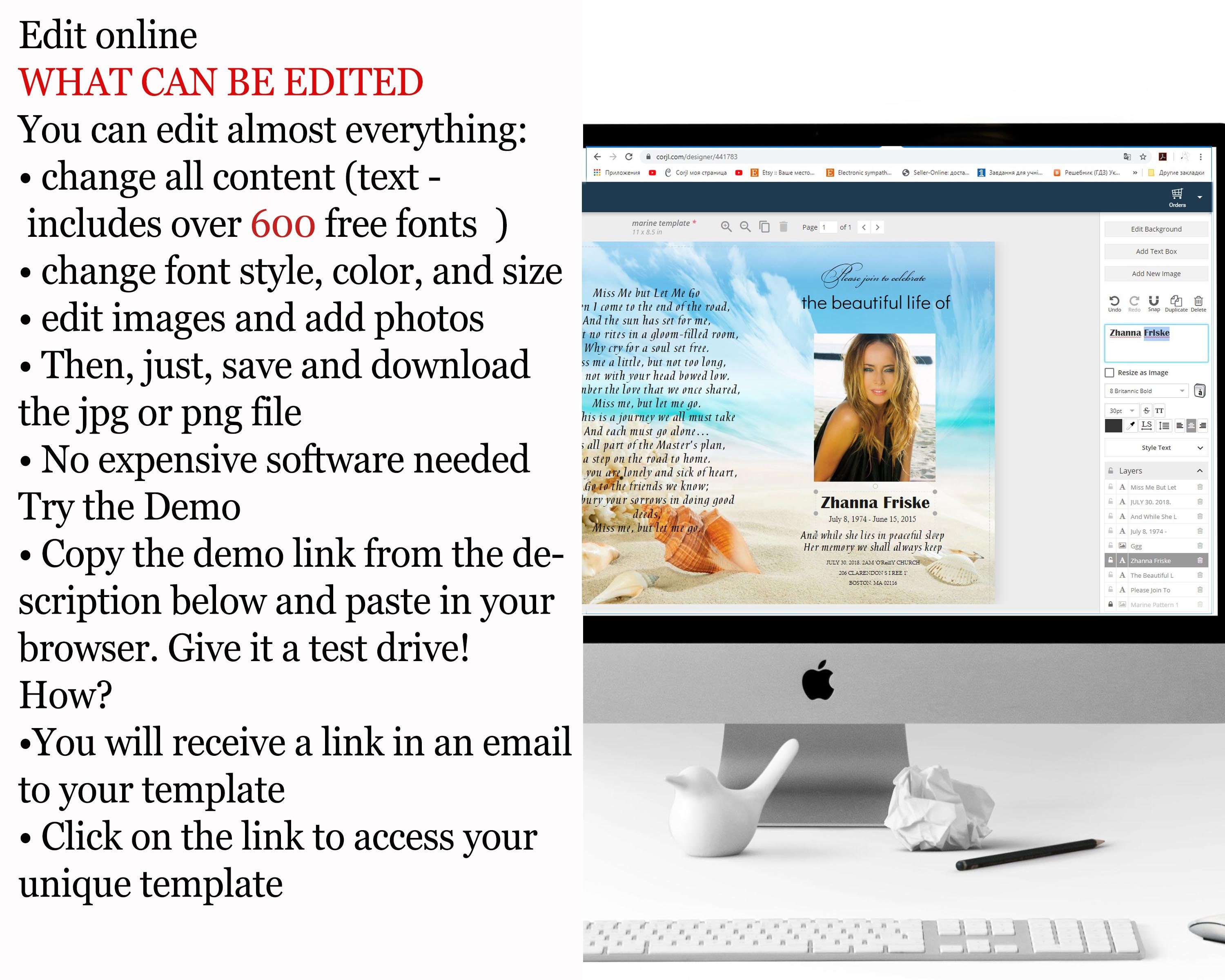 Digital Funeral Program Template for Men, Classic Obituary Template for ...