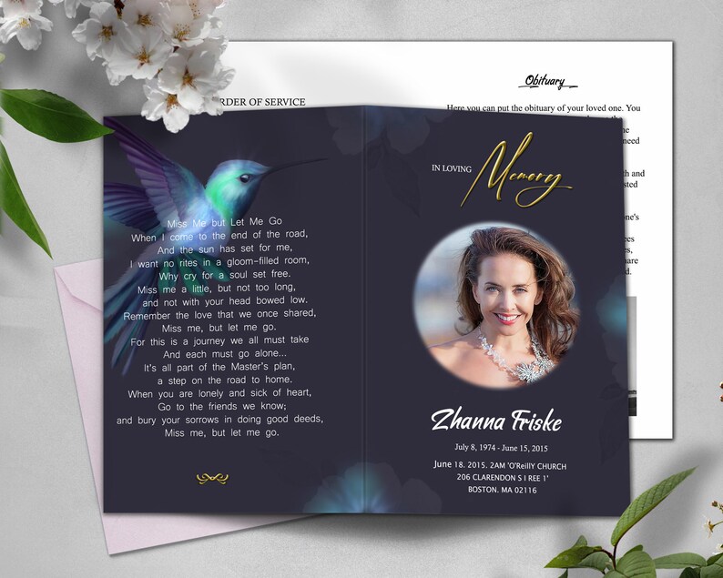Hummingbird Funeral Program Template for Women, Classic Sympathy ...