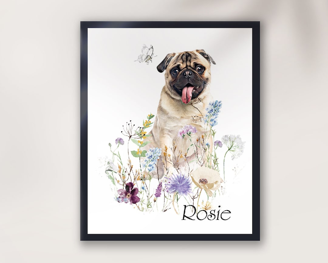 Dog Pug in Heaven in Wildflowers With Butterfly, Pug Dog in Sky, Pug ...