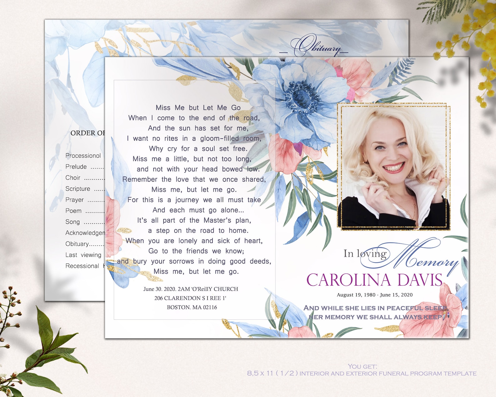 Blue Flowers Funeral Program Template for Women Pink Flowers | Etsy