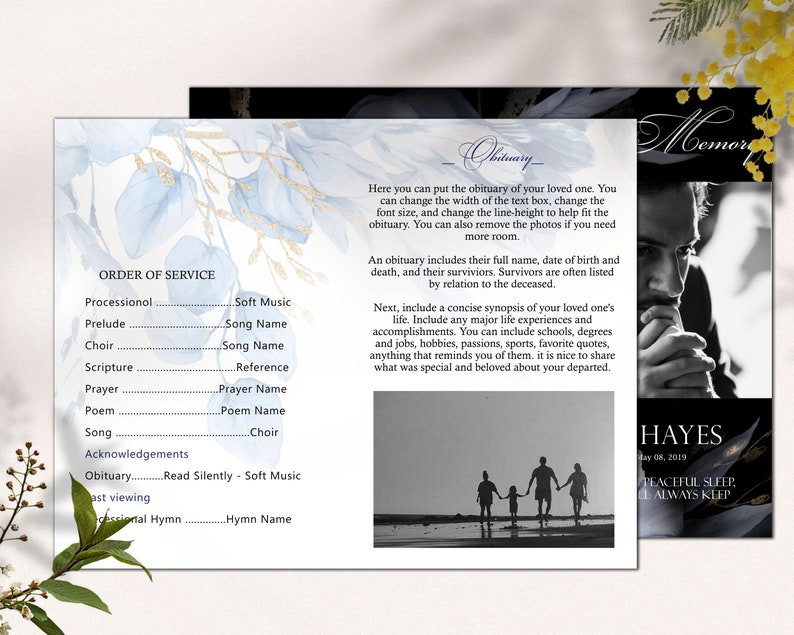 Classic Funeral Program Template With Blue Flowers for Men - Etsy