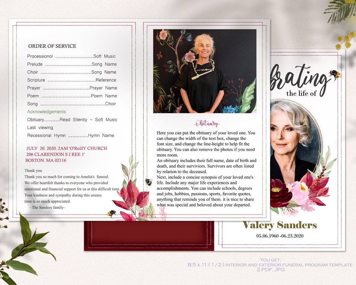 Red Roses Funeral Program Template for Women Celebration of - Etsy