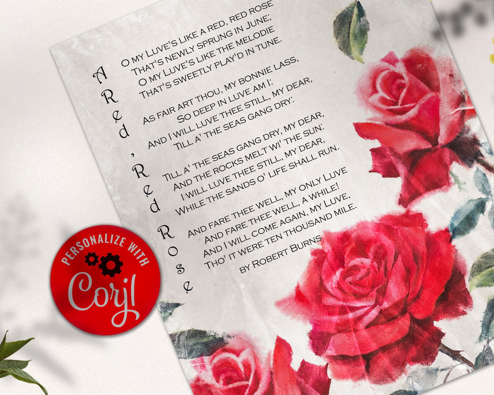 Love Poem a Red Red Rose by Robert Burns | Etsy