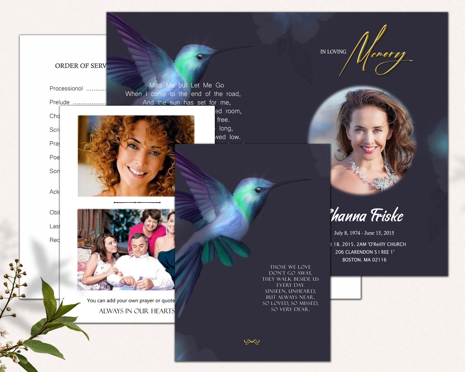 Hummingbird Funeral Program Template for Women, Classic Sympathy ...