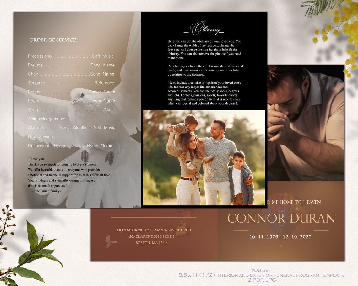 Bronze Funeral program template for young man Dove sympathy | Etsy