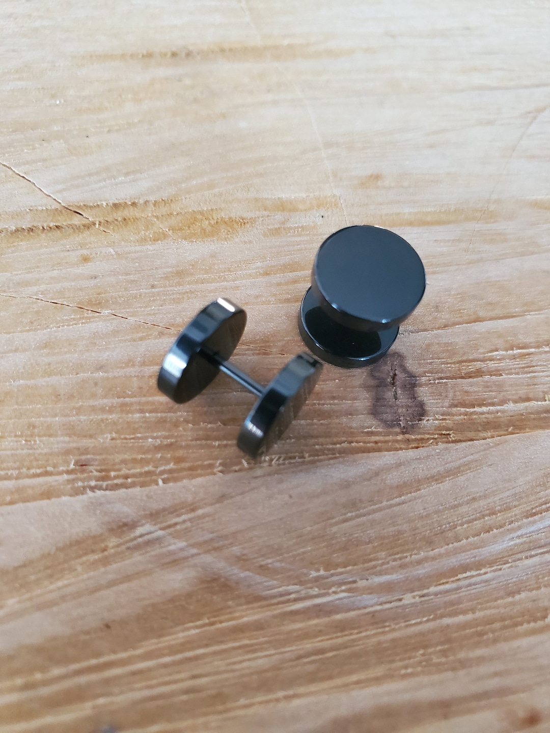 Black Stainless Steel Dumbbell Stud Earrings: Faux Plug Barbell Style ...