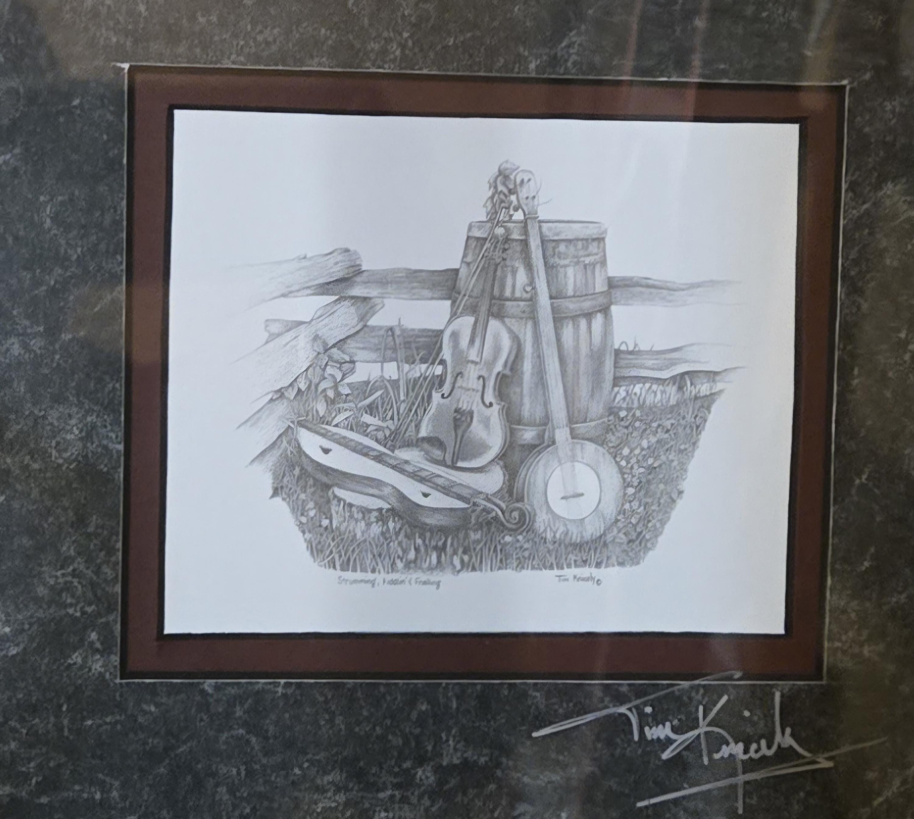 Vintage Pencil Drawing: Musical Instruments Still Life, Signed & Framed ...