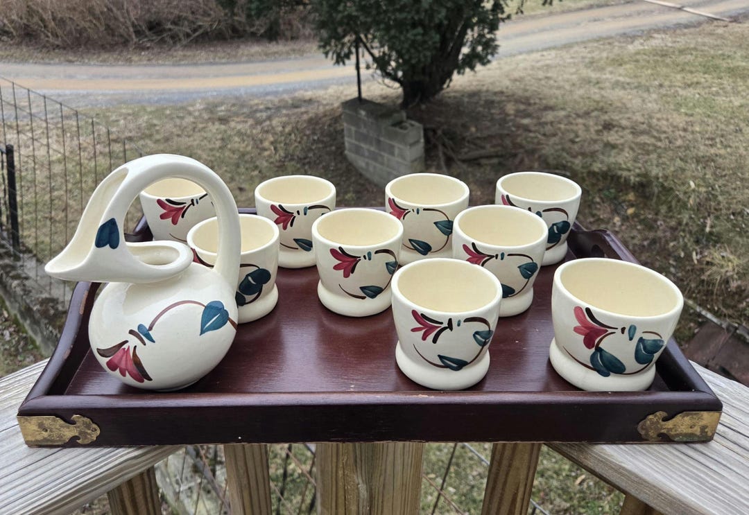 Vintage Purinton Pottery Tea Pot / Pitcher & 9 Cups Ivy Red Blossom ...