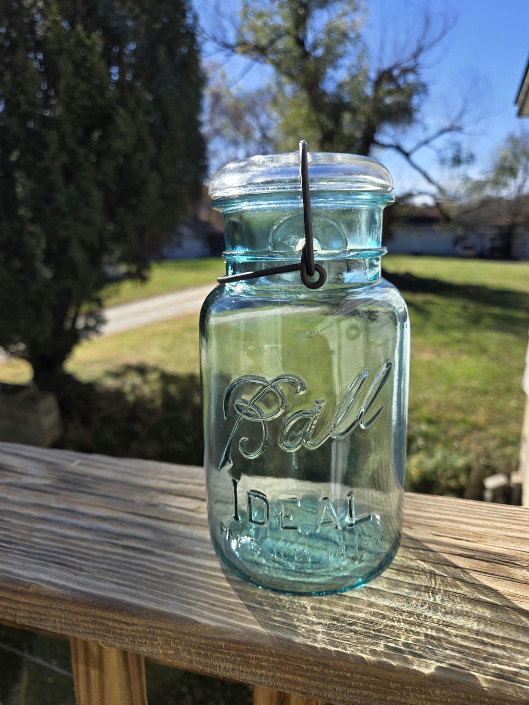 Antique Ball Ideal Quart Jar Blue With Clear Lid Glass. Pat'd July 14 ...