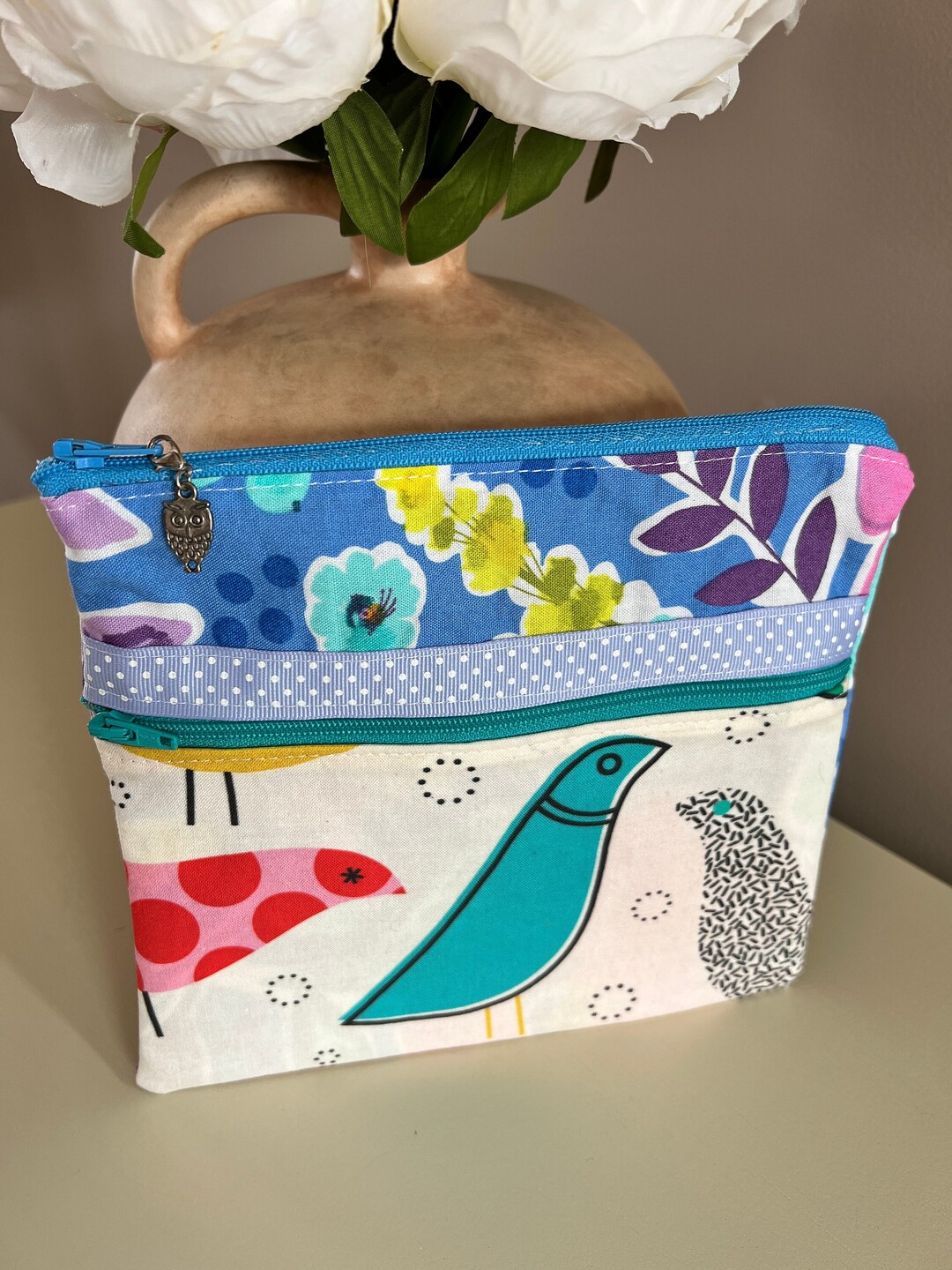 Double Zipper Pouch With Birds and Blue Florals an Owl Zipper - Etsy