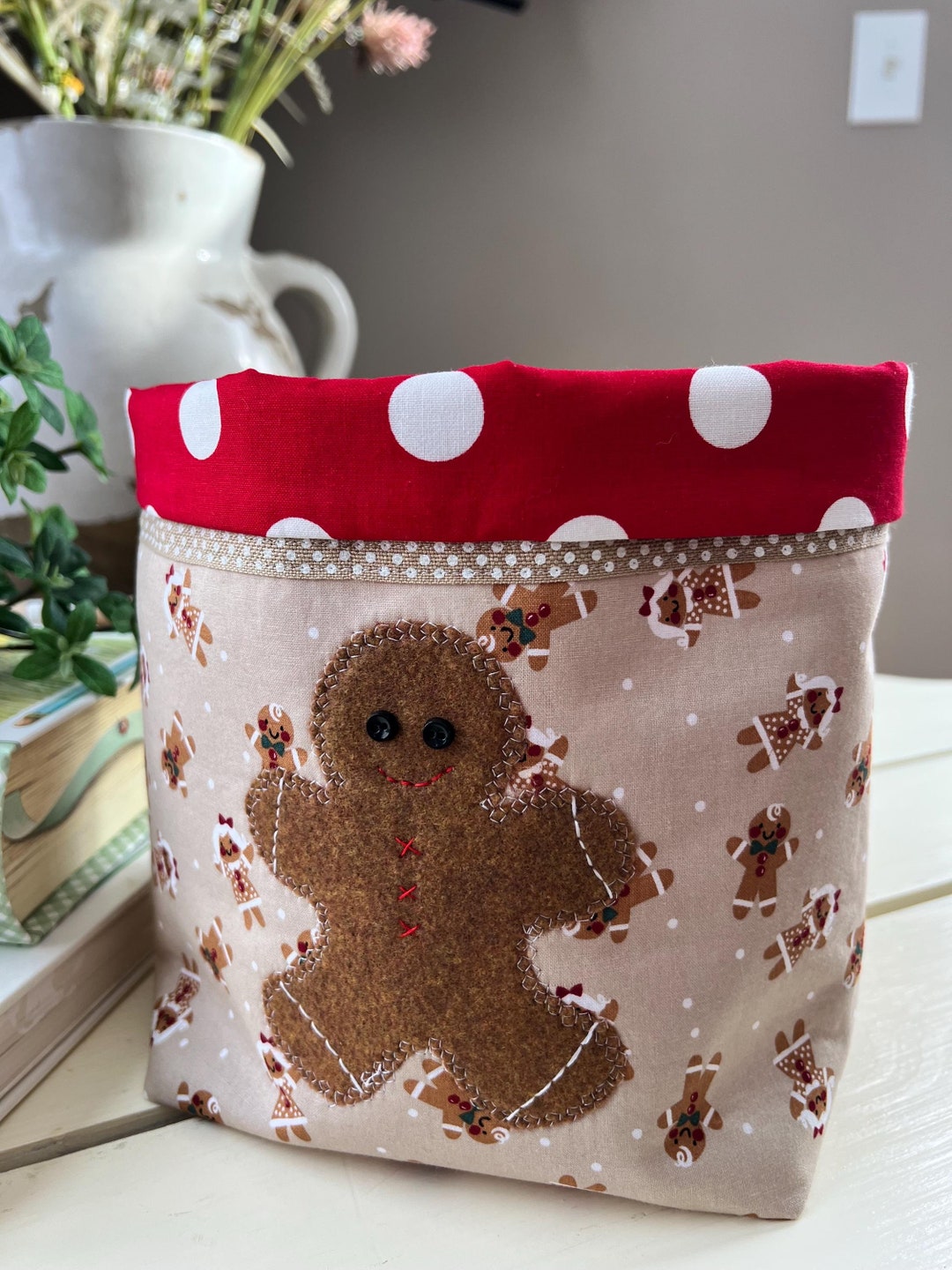 Handmade Appliqued Gingerbread Man Basket – Cute Fabric Storage ...