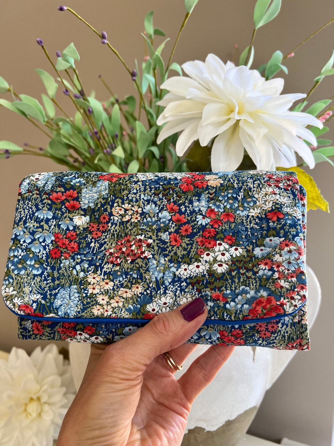 Floral Trifold Wallet, Florals, Wildflowers, Red and Blue, Snap Closure ...