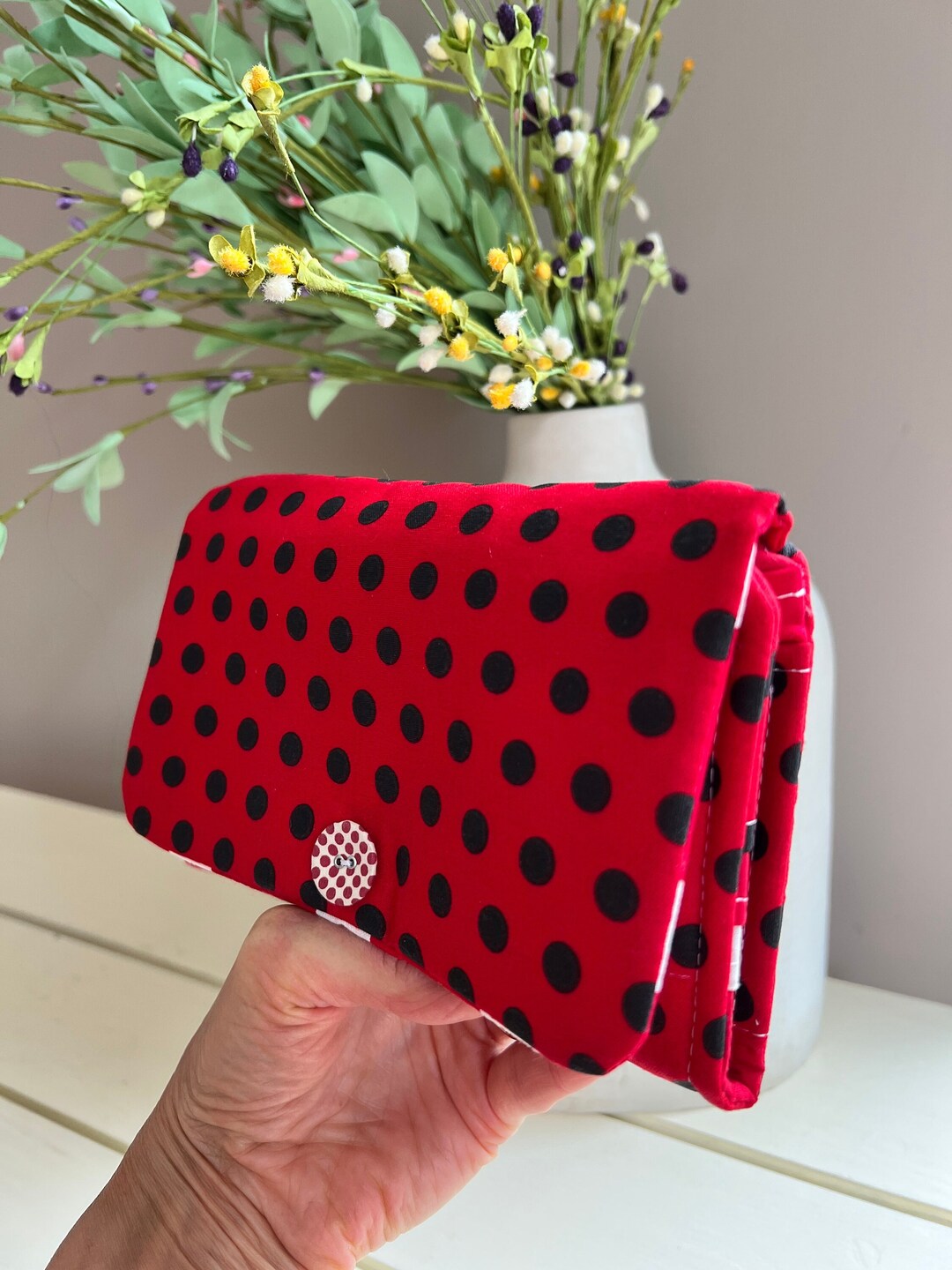 Red Trifold Wallet With Black & White Polka Dots, Organizational Wallet ...