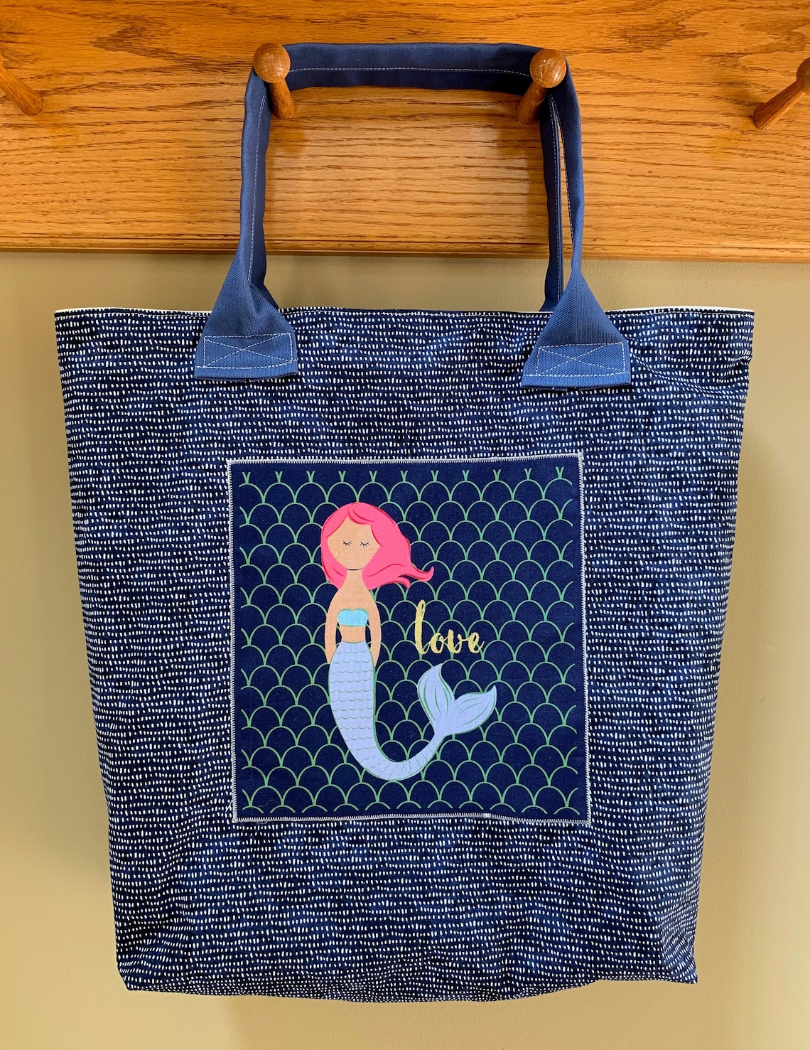 Large Mermaid Tote Bag Navy and Pink with Cream Canvas Lining | Etsy
