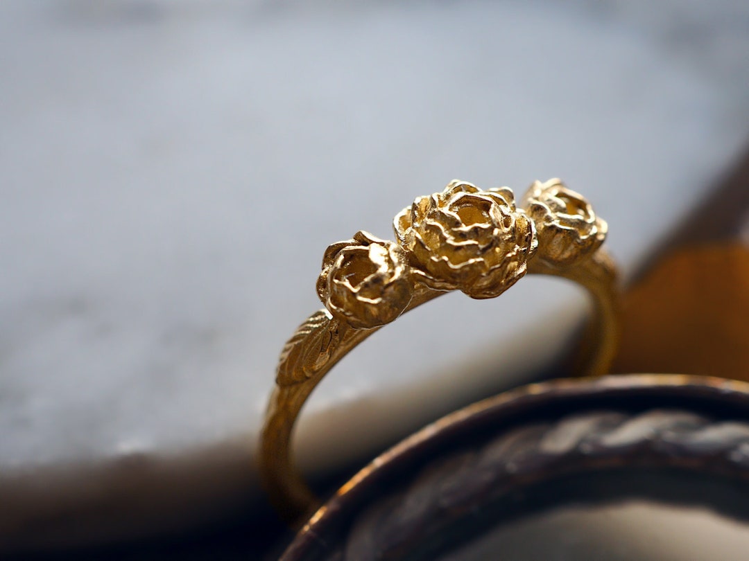 Three Peony Stack Ring in Brass, Sterling Silver, and Solid Gold - Etsy